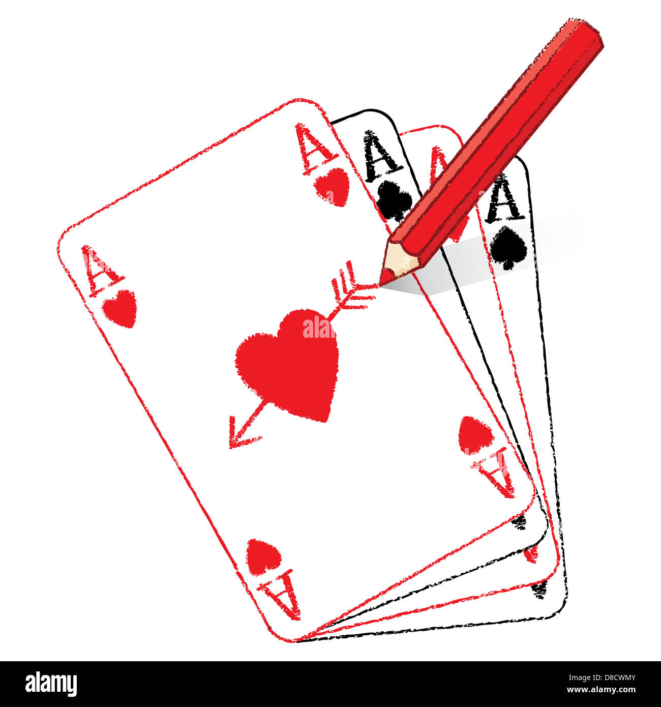 Red Pencil Drawing Ace of Hearts Playing Cards on a Fan of Aces with ...