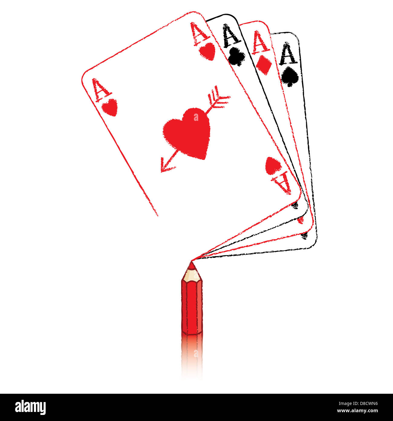 Red Pencil with Reflection Drawing Ace of Hearts Playing Cards in a fan ...