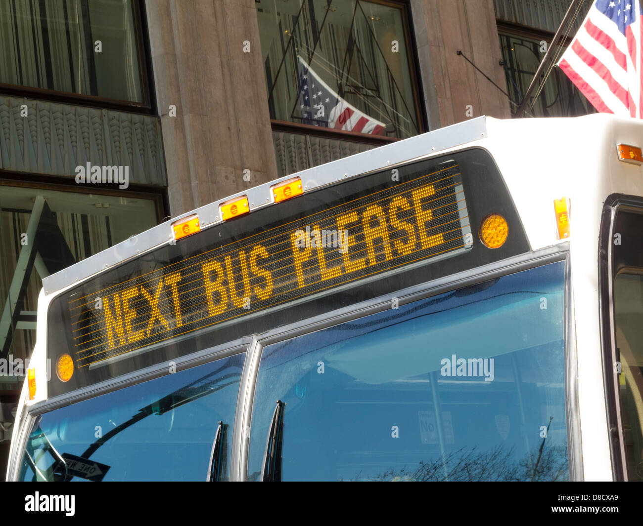 Front of MTA Public Bus, Displaying "Next Bus, Please" LED, NYC Stock ...