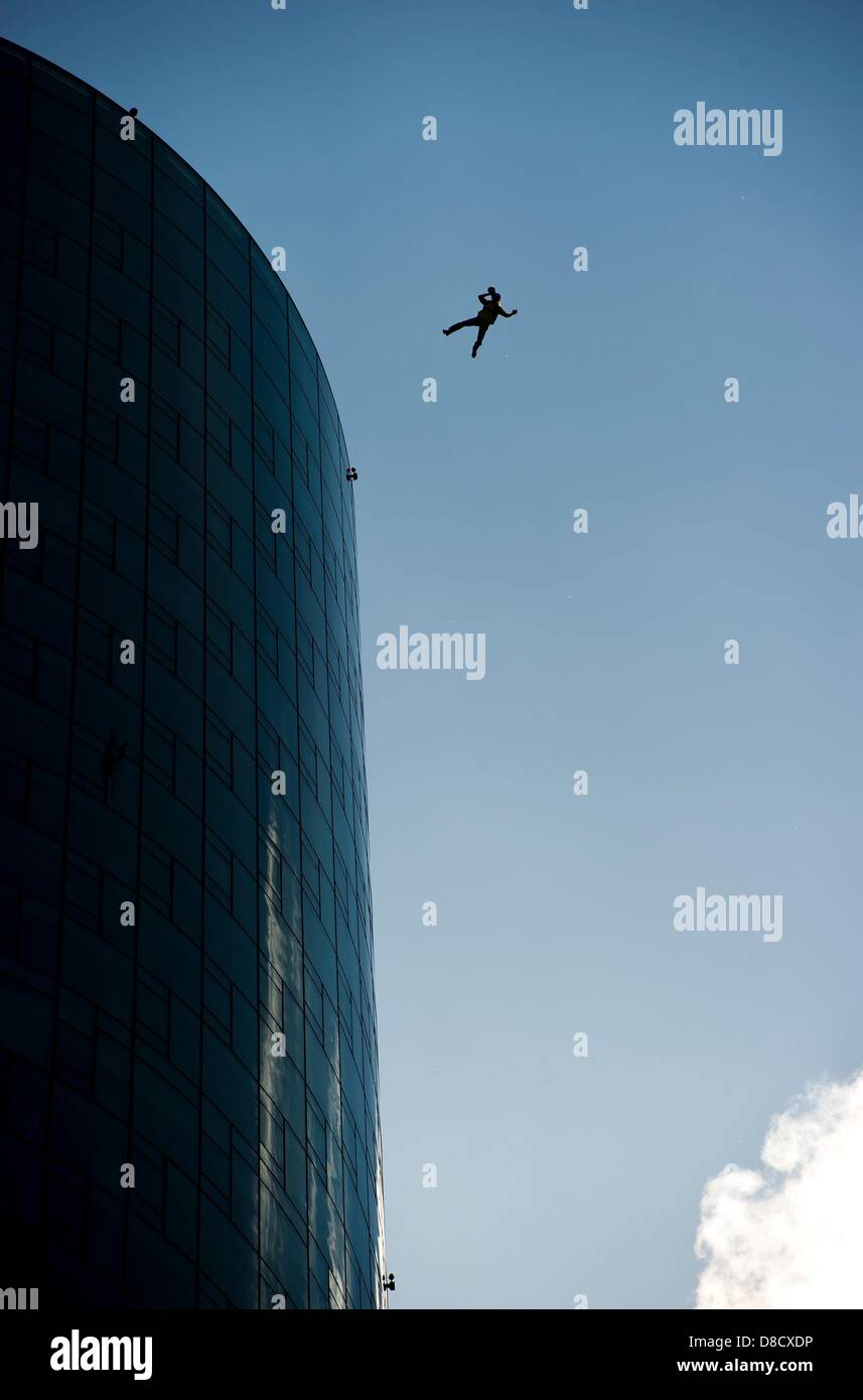 A Base jumper jumps off the Main tower (200m) with a parachute during ...