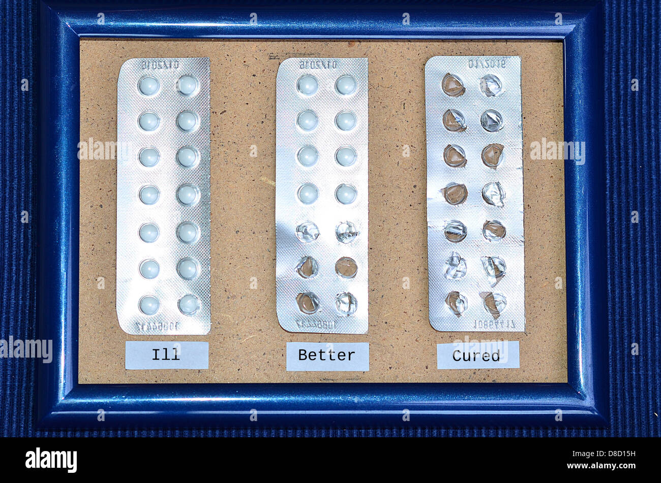 Ill, Better, Cured, pills in a strip Stock Photo - Alamy