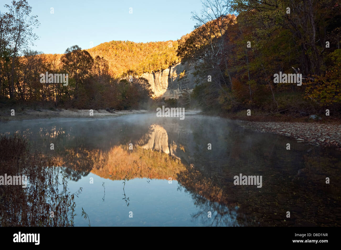 Buffalo River at dawn, with rocky bluffs, trees and reflections Stock ...