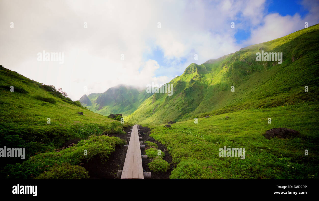 Boardwalk at Mount Akita Komagatake. Hikers are required to walk on the ...