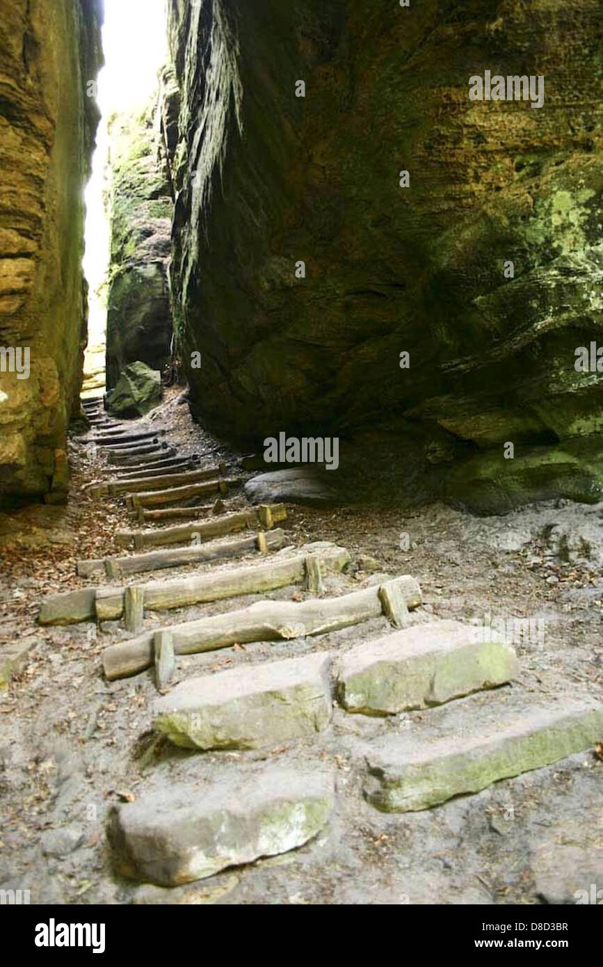 A narrow passage between two large rock formations, creating a tight ...