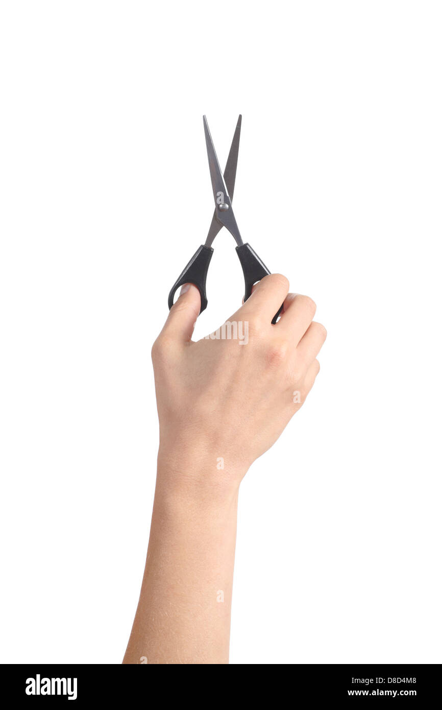 Vertical view of a woman hand using a scissors isolated on a white ...