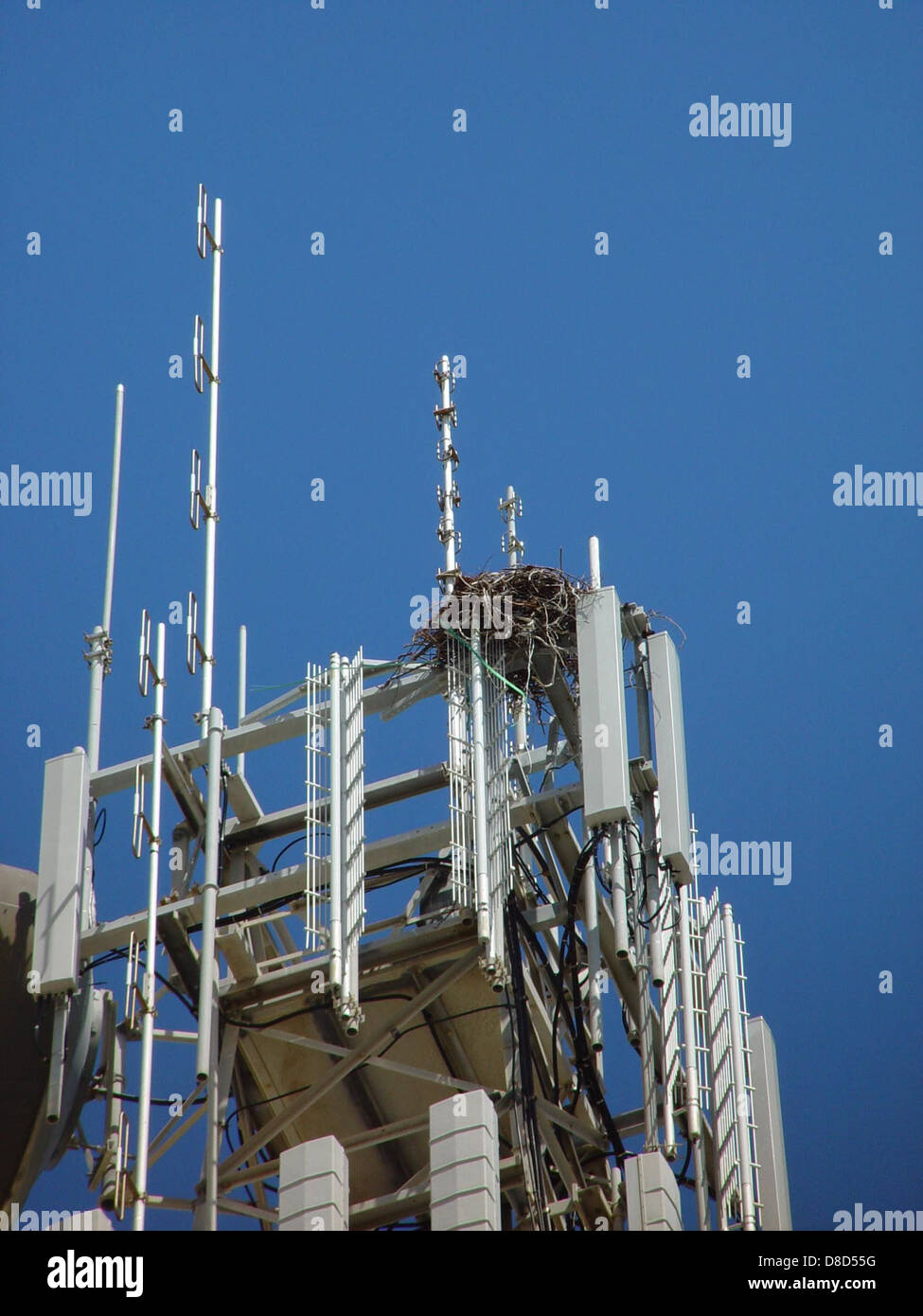 A radio antenna stands tall against the sky, with clear details of the ...