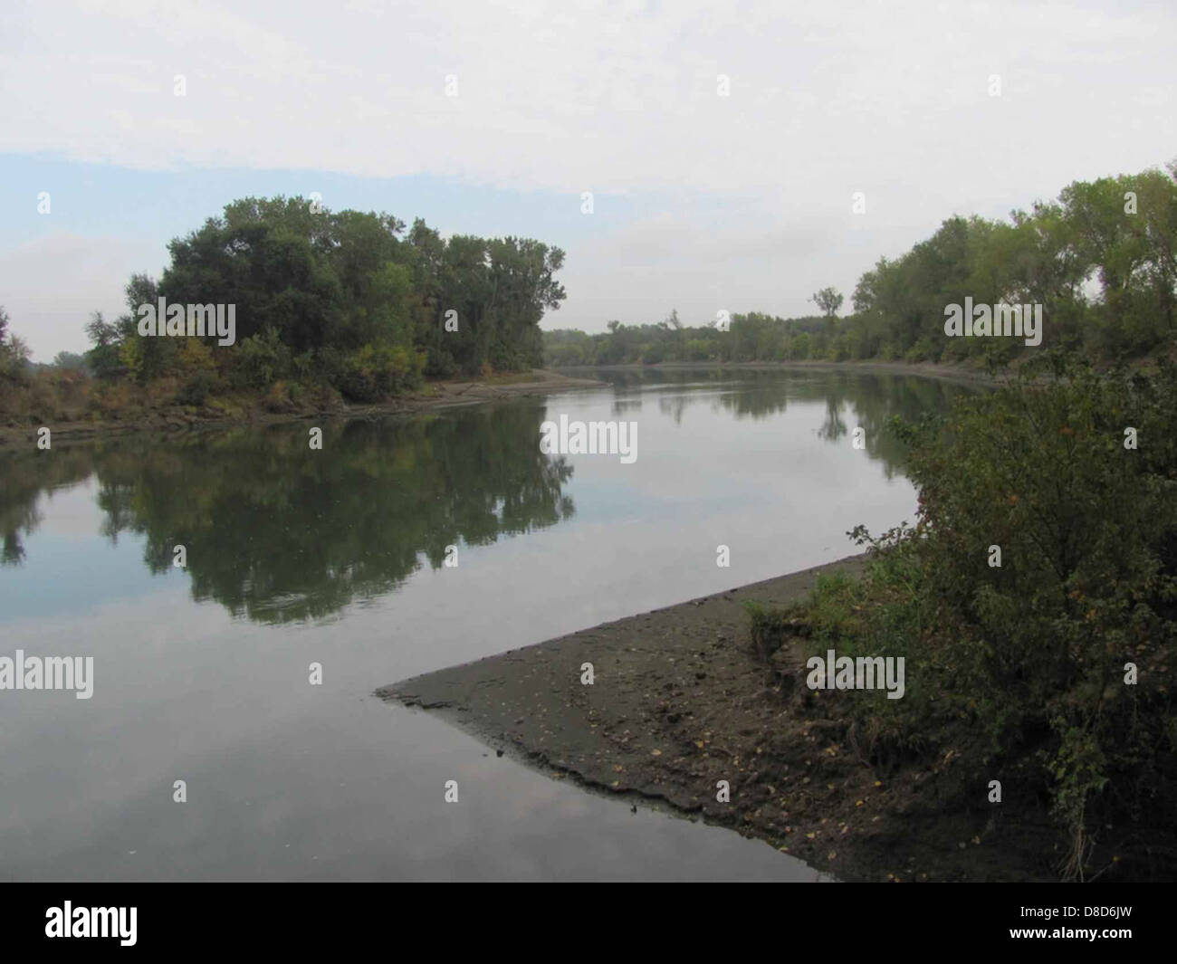 The river coast features natural shoreline, with water gently lapping ...