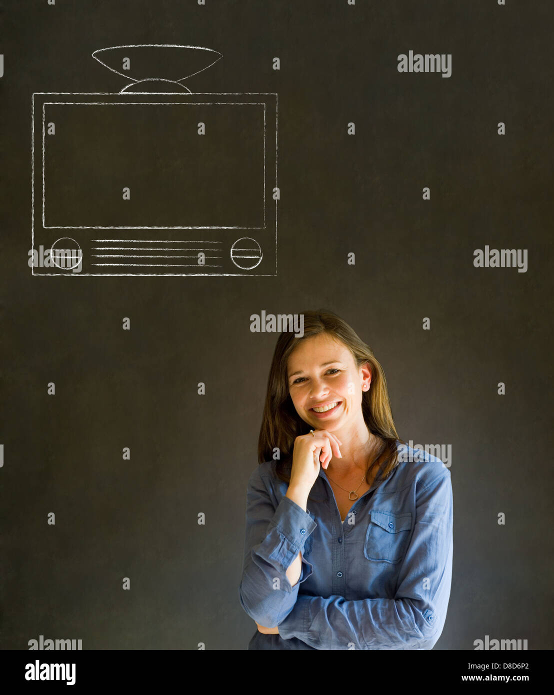 Businesswoman, teacher or student with with chalk tv television on ...