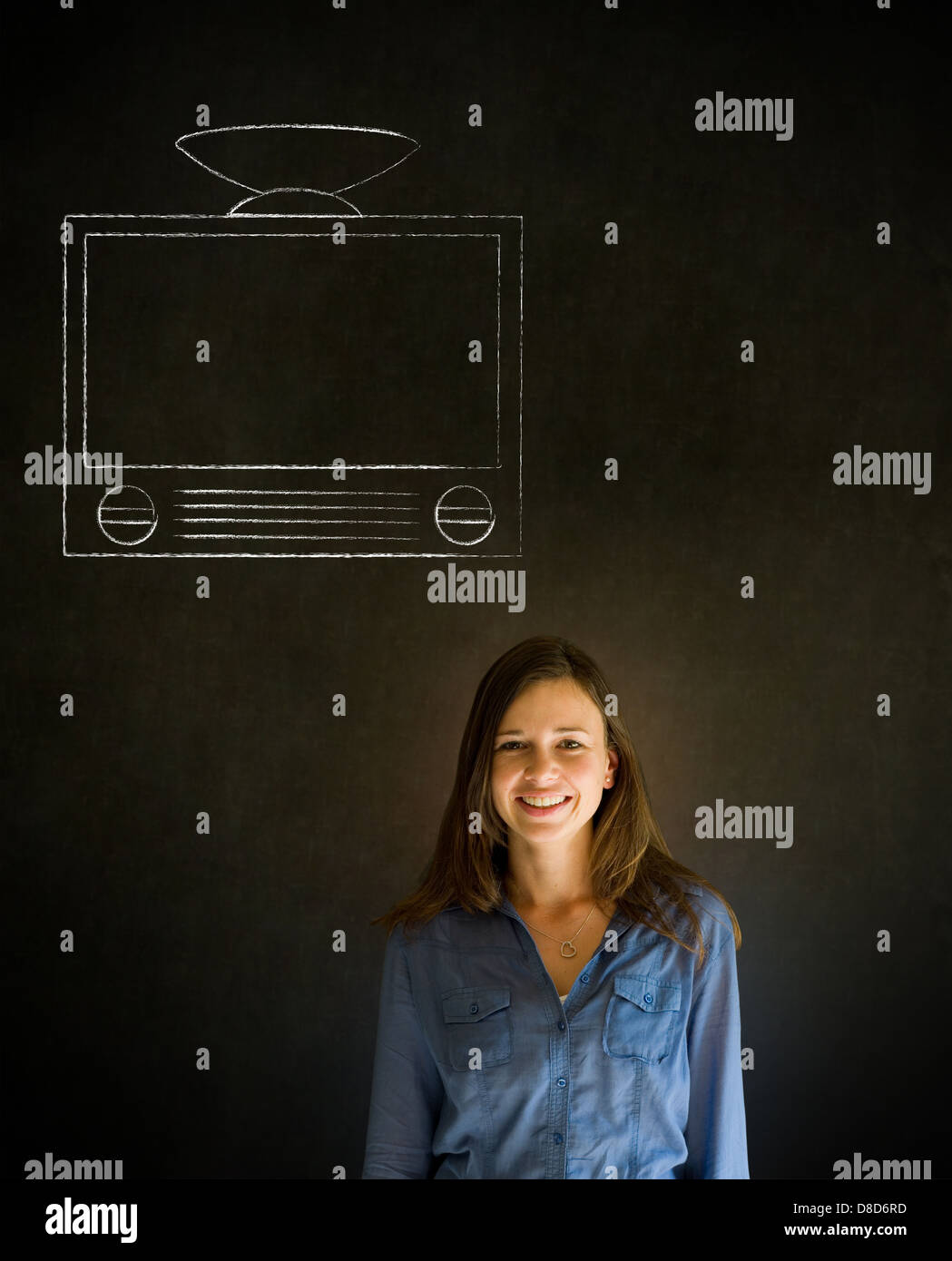 Businesswoman, teacher or student with with chalk tv television on ...