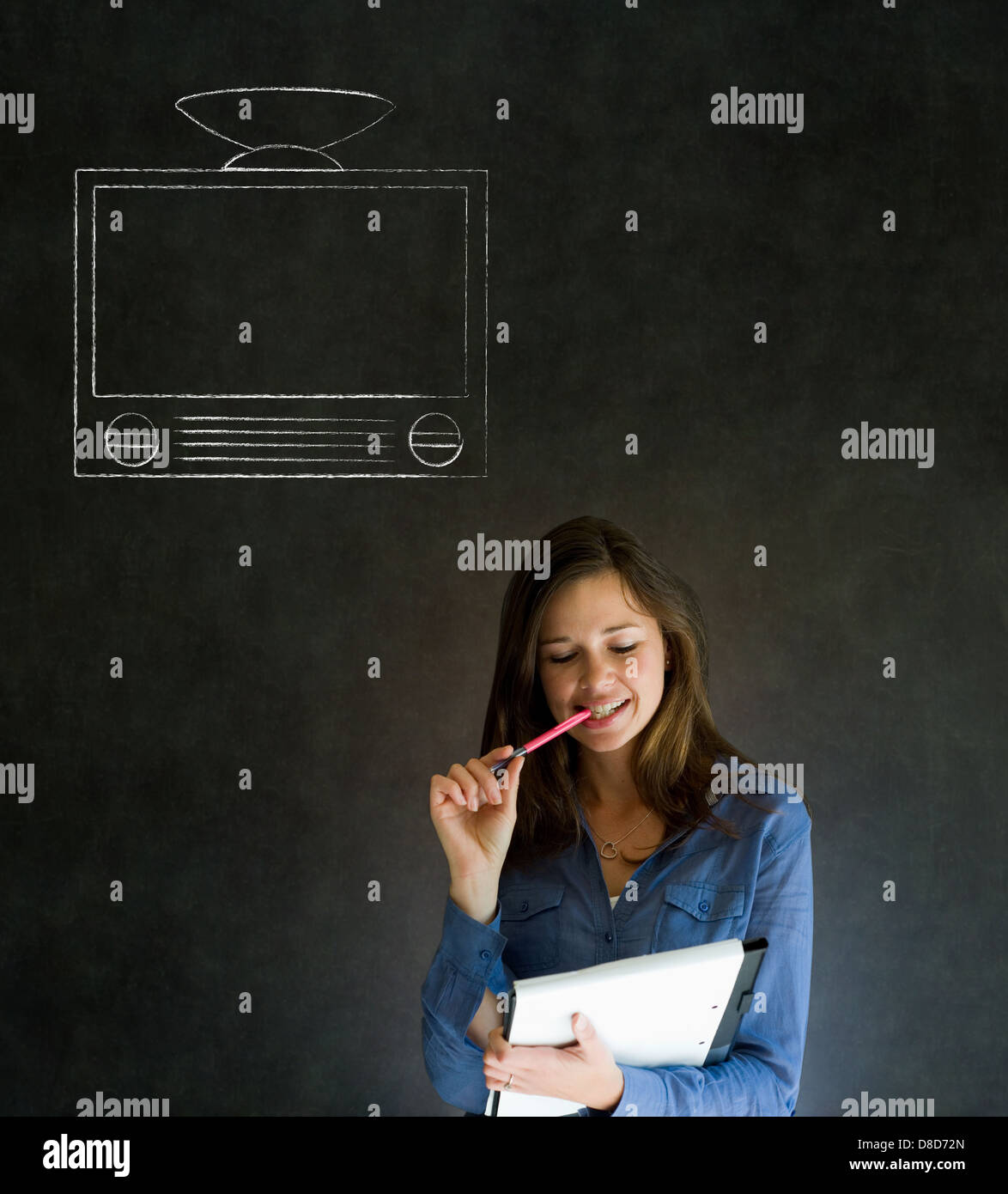 Businesswoman, teacher or student with with chalk tv television on ...