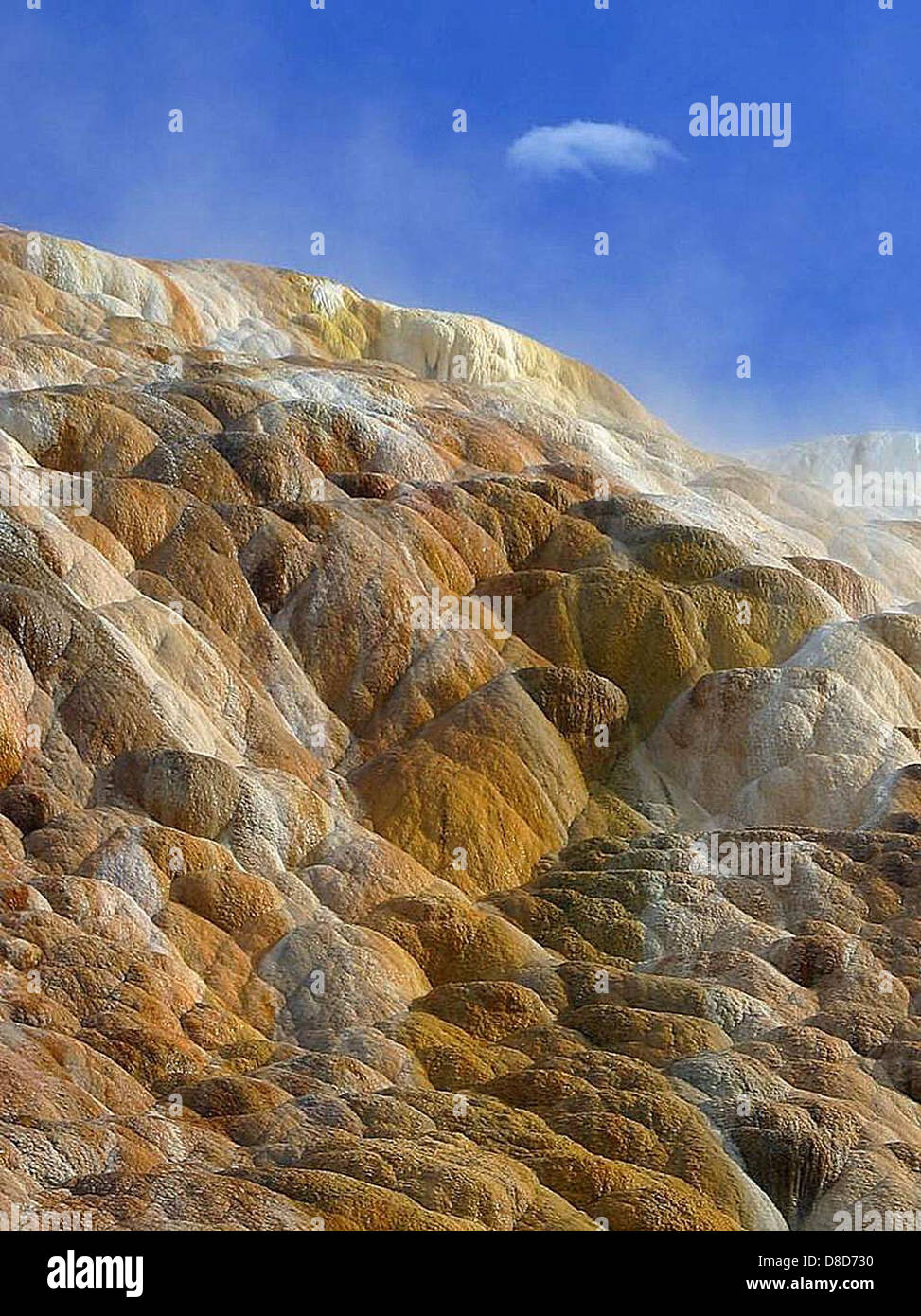 A natural hot spring surrounded by rocks, with steam rising from the ...