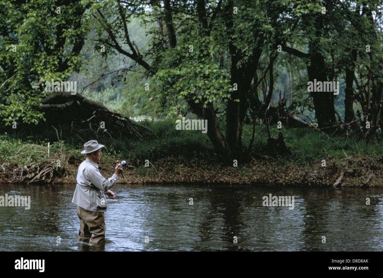 This image shows an experienced fly fisherman casting his line in a ...