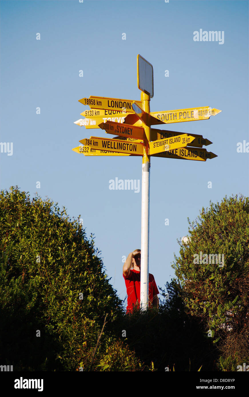 A simple signpost standing against a clear sky, pointing in multiple ...