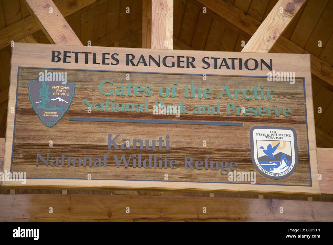 A wooden sign marking the Bettles Ranger Station, a remote location in ...