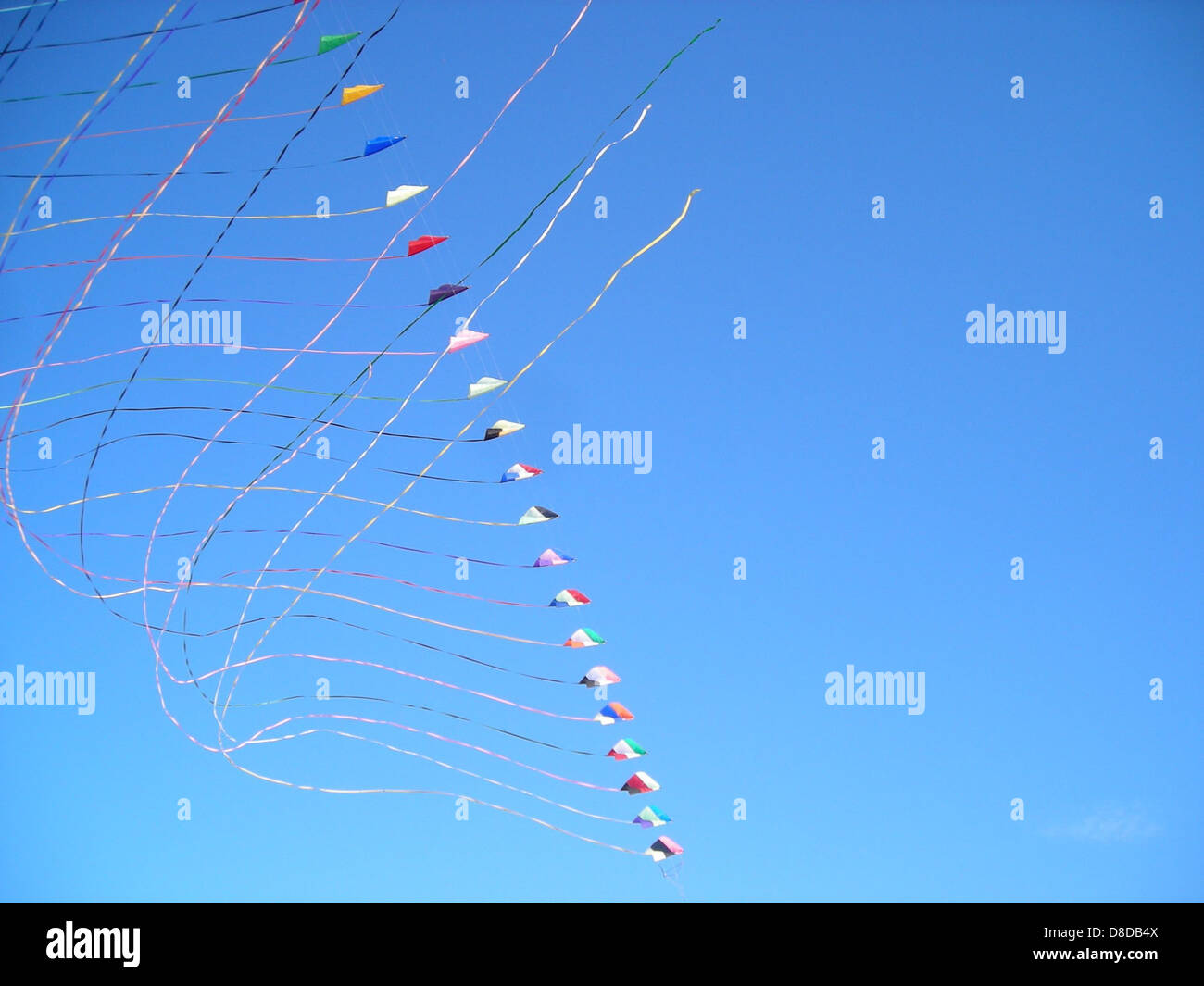 Kites with colorful streamers soaring high in the sky. The wind carries ...