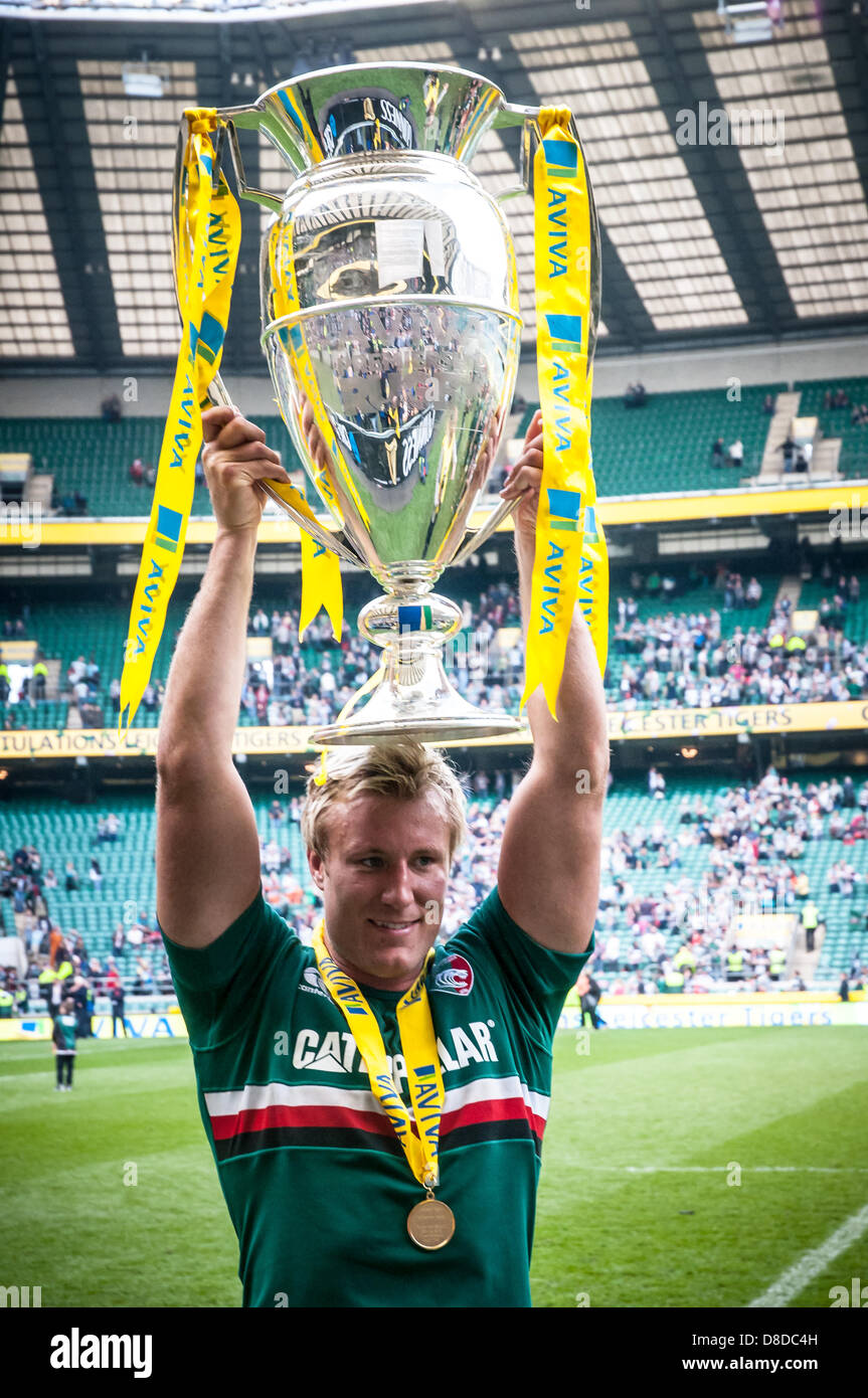 Leicester's Jordan Crane hold the Premiership Trophy on his head after ...