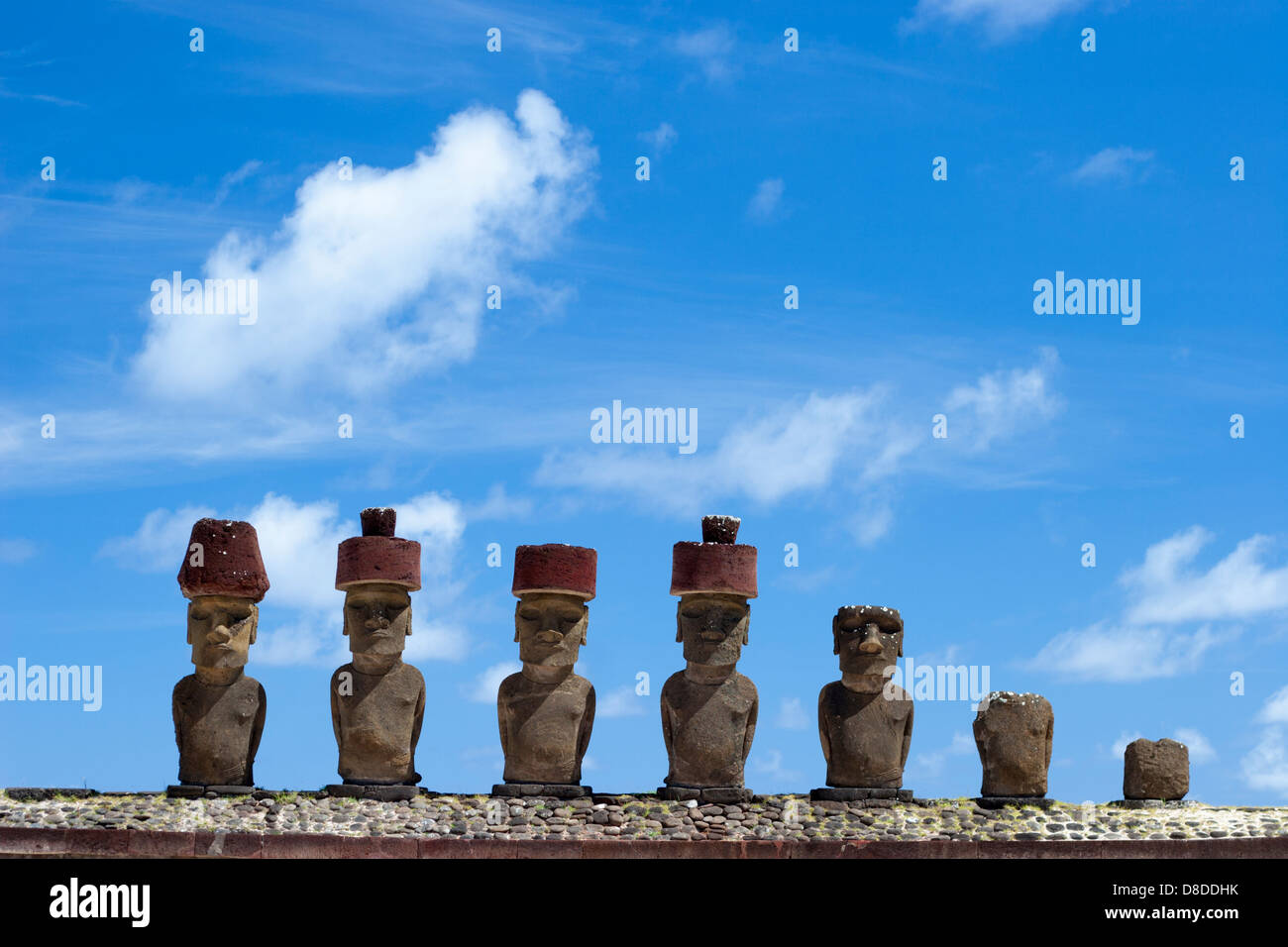 Ahu Nao-Nao stone platform with 7 moai, some wearing their original ...