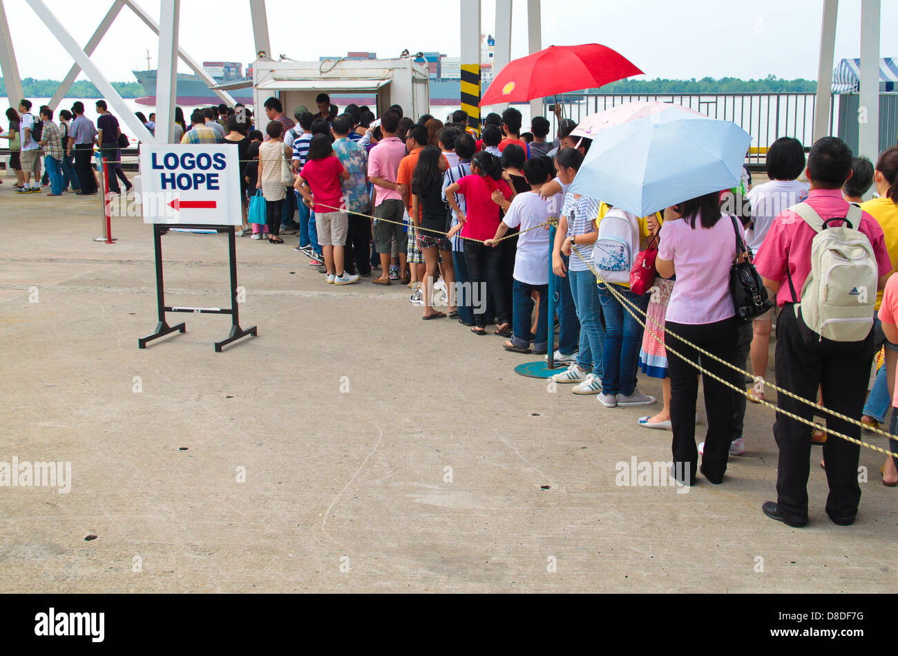 Visitors queue up to visit the LOGOS HOPE vessel, a christian ...