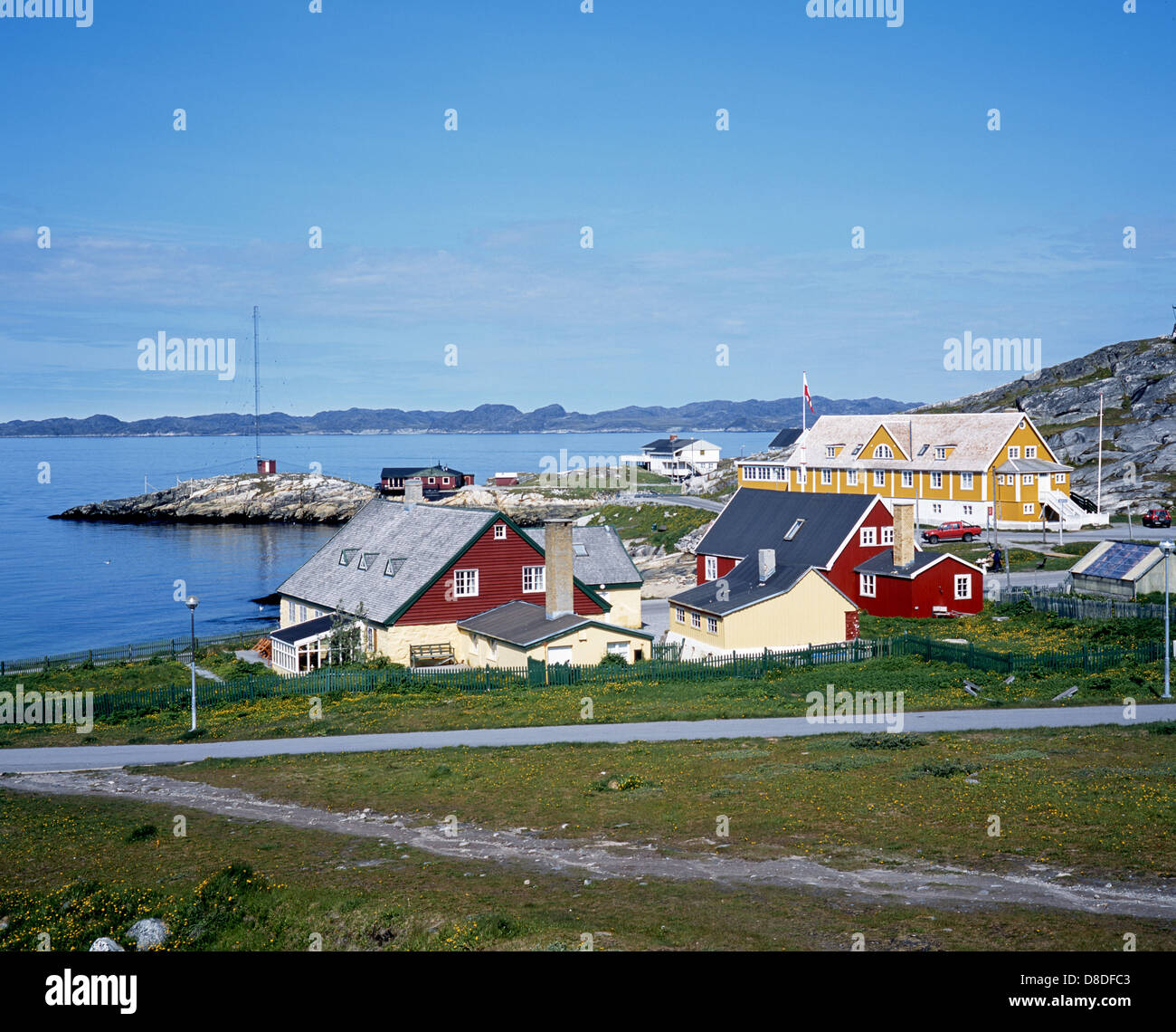 Colourful buildings with views out to sea, Nuuk, Sermersooq, Greenland ...