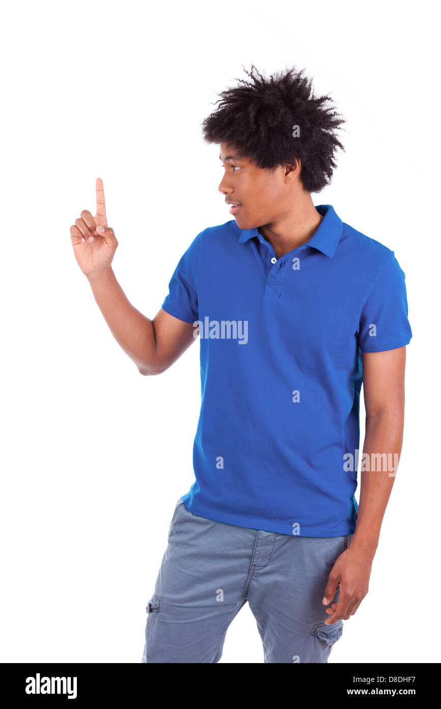 Portrait of a young african american man holding something, isolated on ...