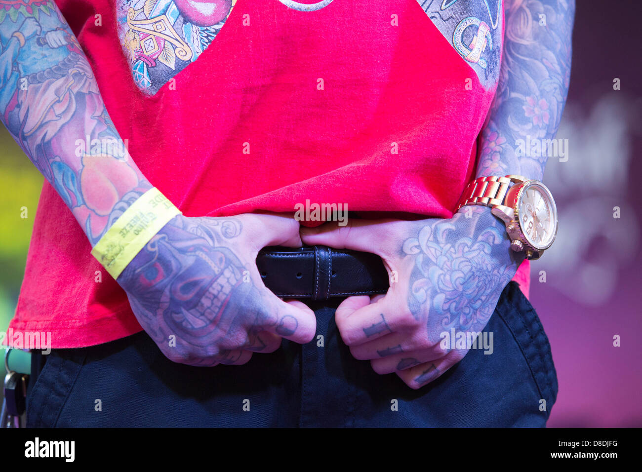 London, UK. 26th May, 2013. Pictured: Tattooed models strut the catwalk ...