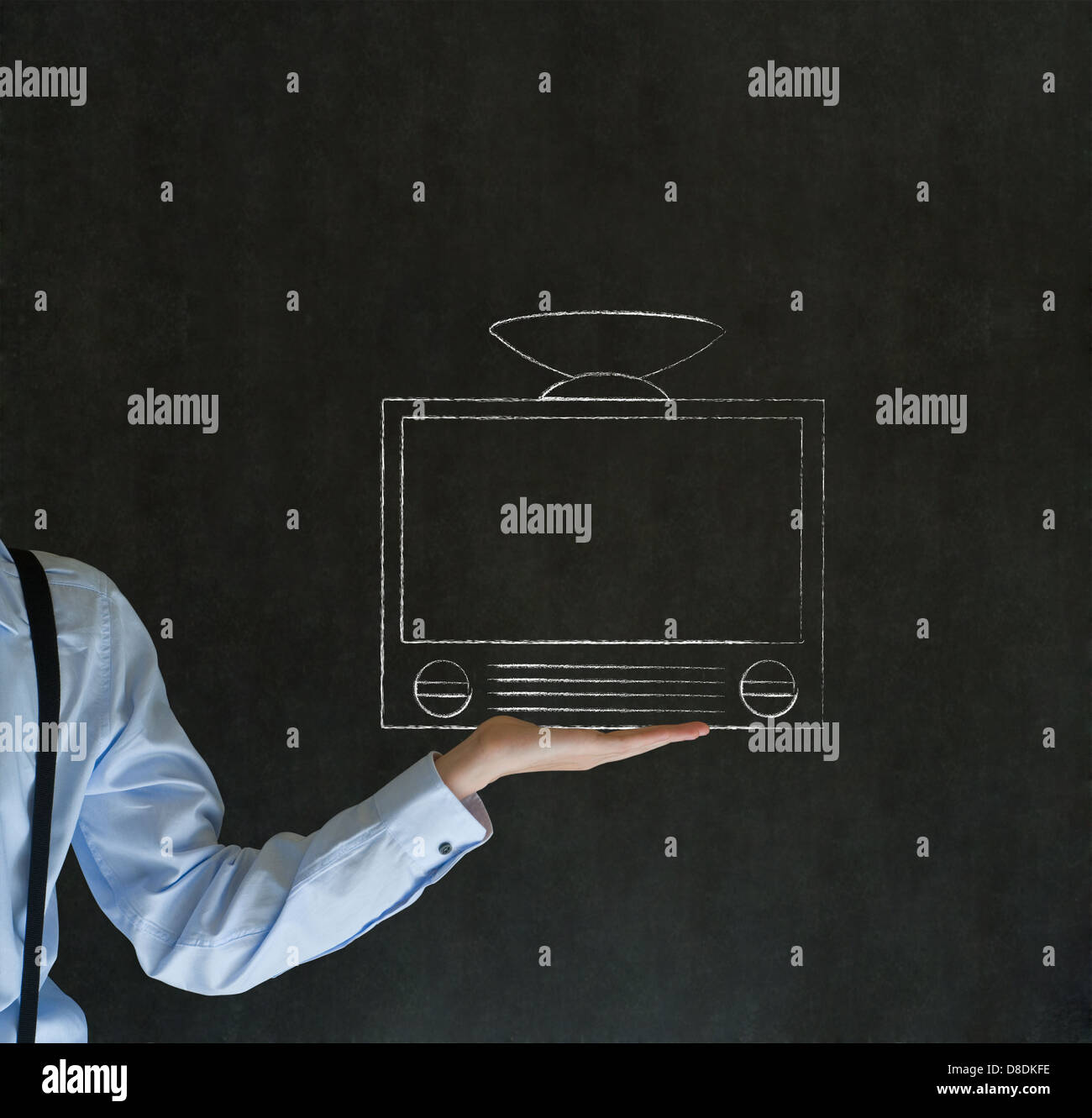 Businessman, teacher or student with with chalk tv television on ...