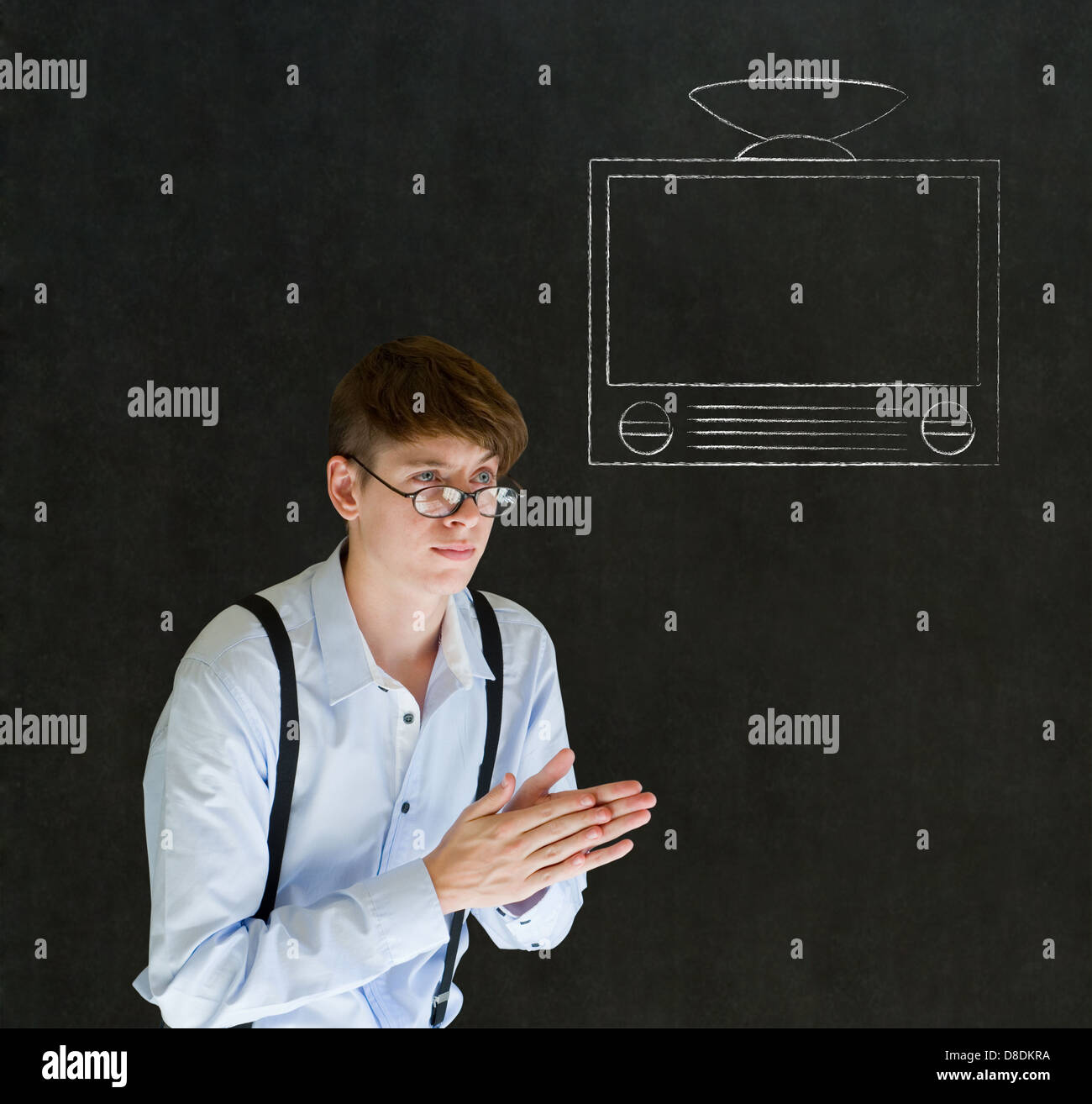 Businessman, teacher or student with with chalk tv television on ...