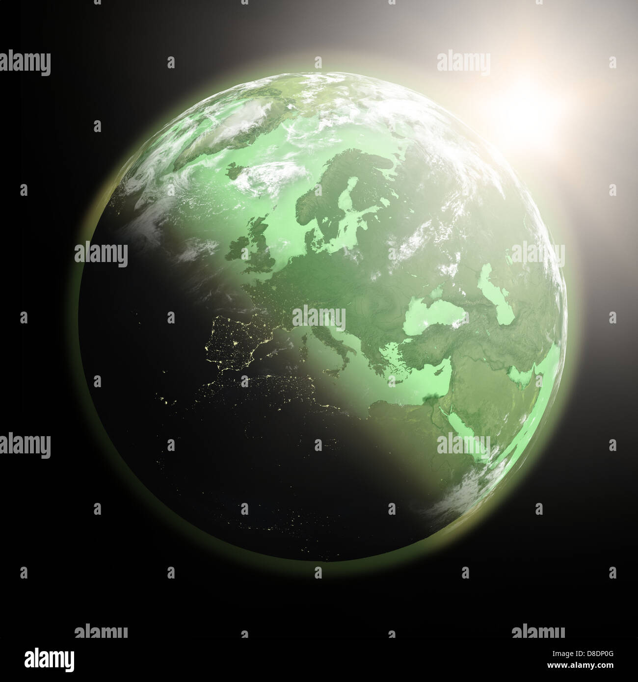 Space view of the sun rising over Europe on green planet Earth ...