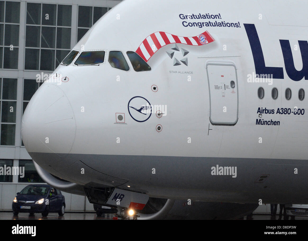 Munich, Germany. 26th May, 2013. An Airbus A380-800 carry the FC Bayern ...