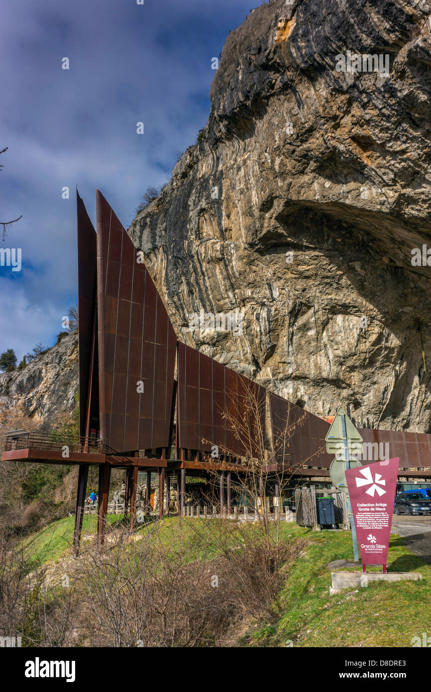 Niaux Cave entrance, Tarascon sur Ariege, French Pyrenees, France with ...