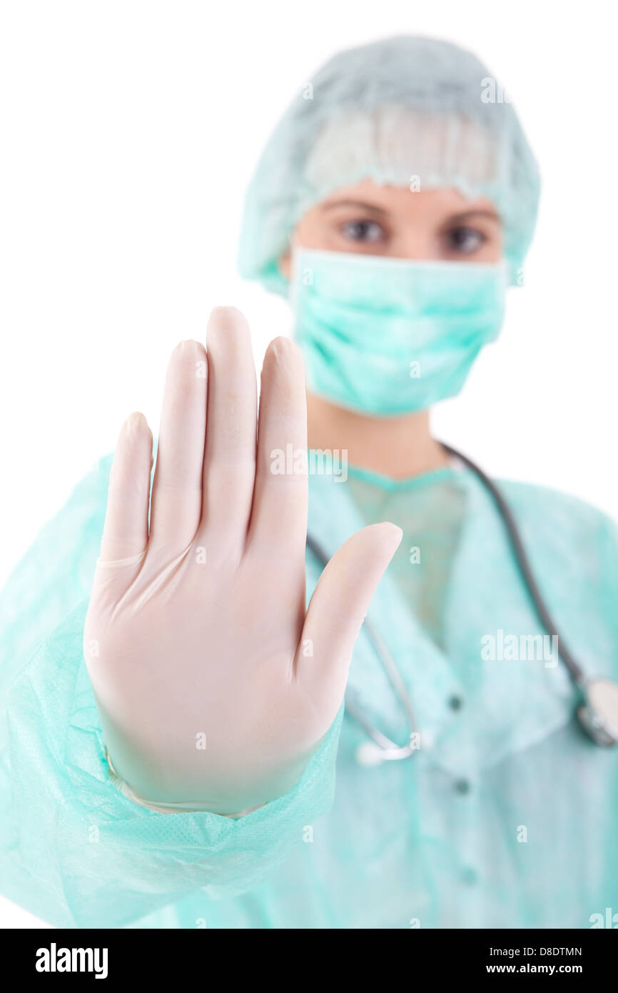 Young nurse making stop sign - selective focus on hand Stock Photo - Alamy