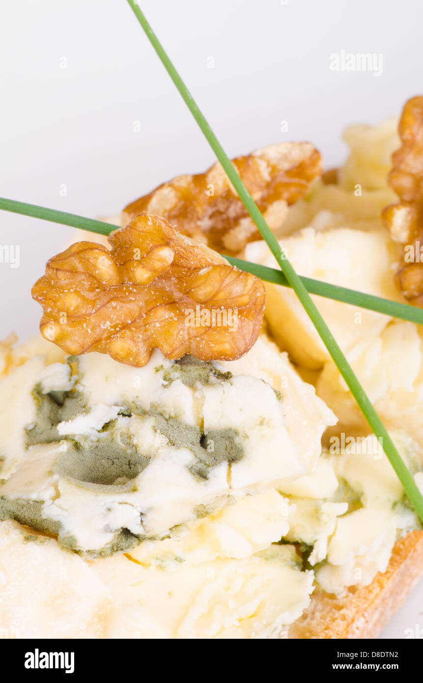 Blue cheese canape served with walnut and chive Stock Photo - Alamy