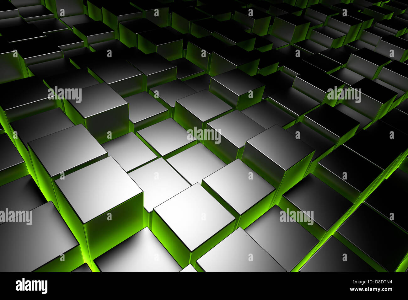 Metallic cubes. Abstract background with green light. 3d render Stock ...