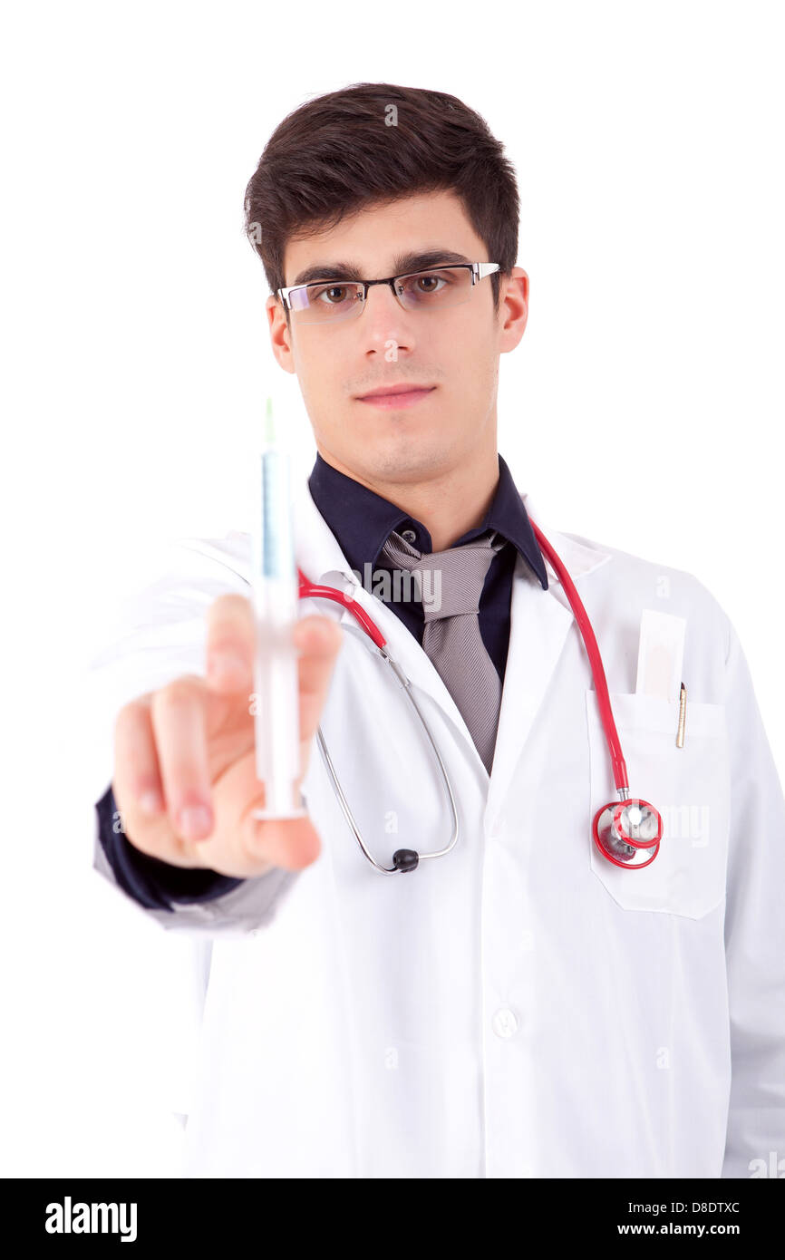 Medic holding a syringe - selective focus on face Stock Photo - Alamy
