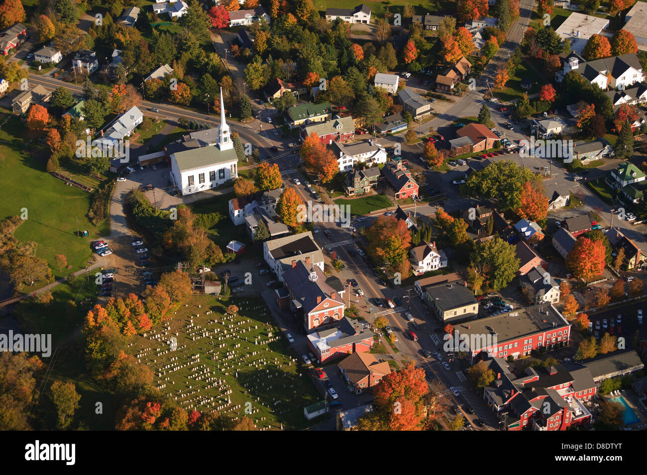 Aerial fall foliage view of rural village, Stowe, Vermont, USA Stock ...