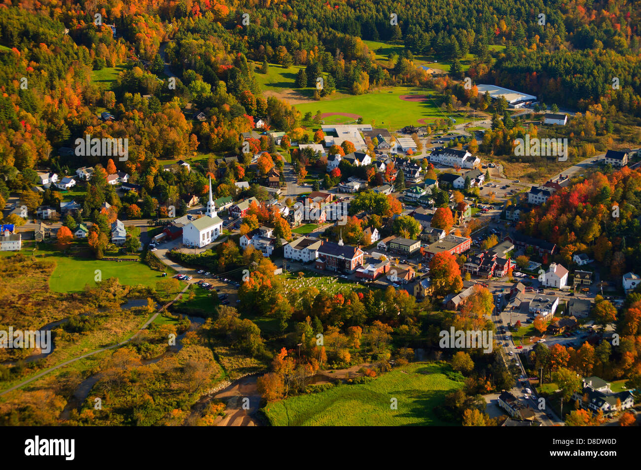 Aerial fall foliage view of rural village, Stowe, Vermont, USA Stock ...