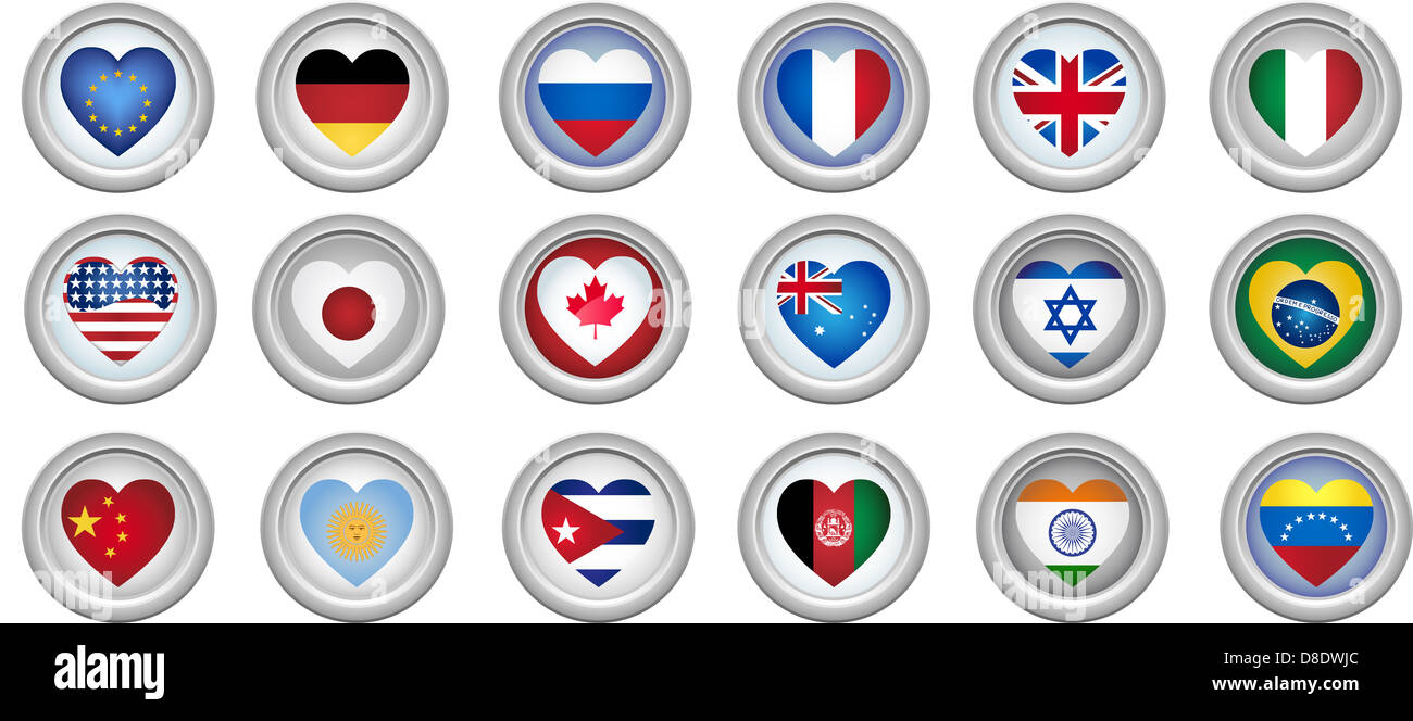 Set of 18 buttons for several countries heart shaped flags Stock Photo ...