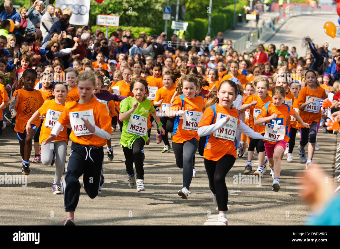 Children marathon runners, girls only, at the annual marathon in ...