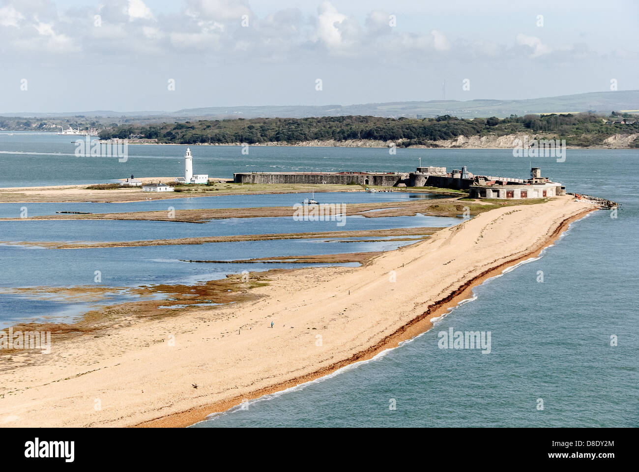 Aerial. View Hurst Castle, spit and lighthouse. Keyhaven. Entrance to ...