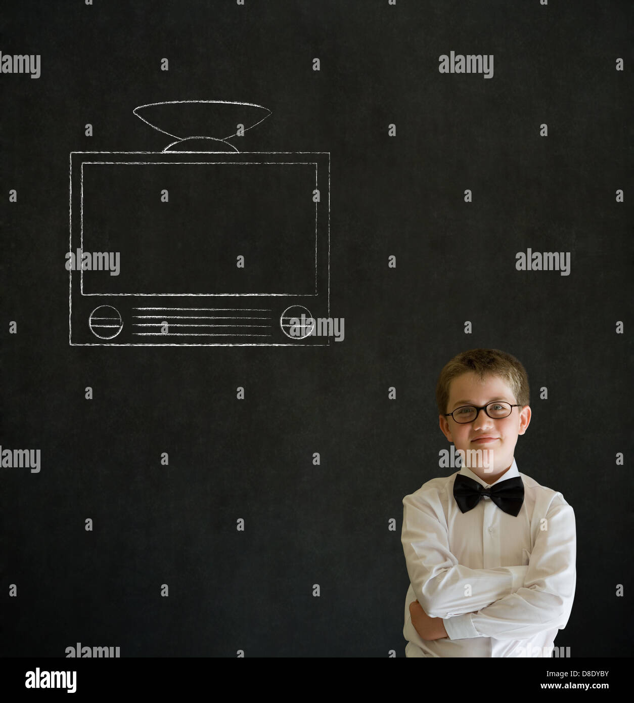 Thinking boy dressed up as business man with chalk tv television on ...