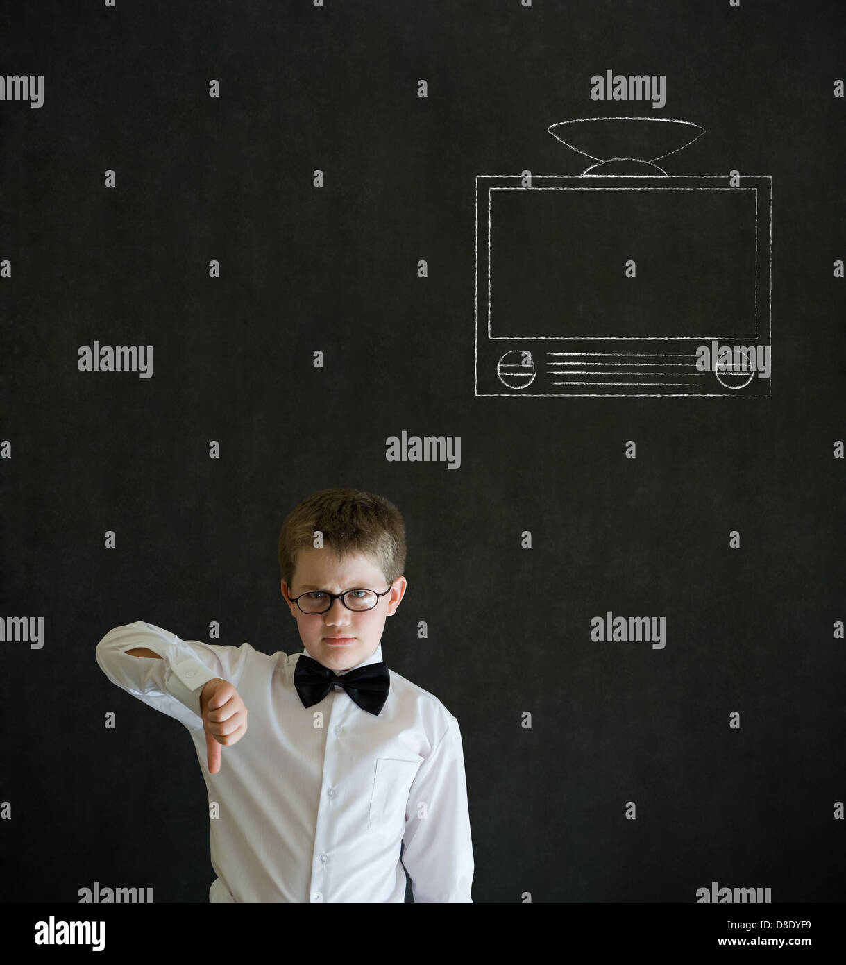 Thumbs down boy dressed up as business man with chalk tv television on ...