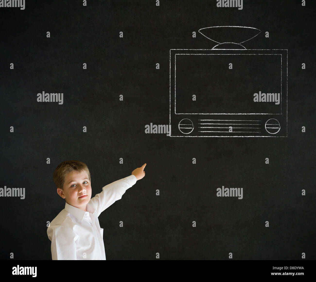 Pointing boy dressed up as business man with chalk tv television on ...
