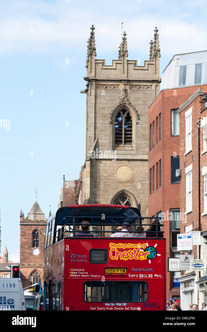 A sightseeing bus takes a tour around Chester, the ancient Roman city ...