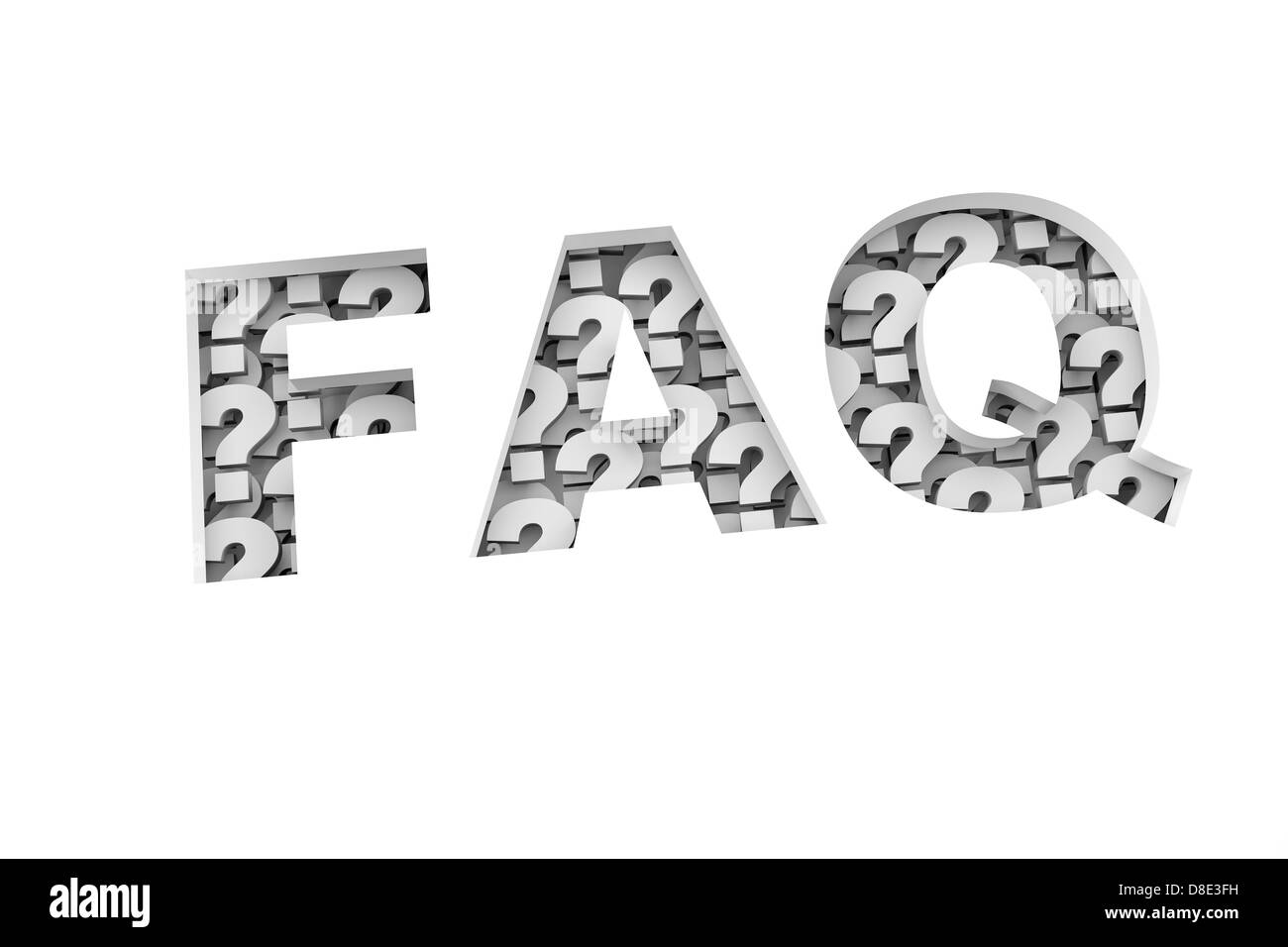 3d render illustration of FAQ words containing lots of question mark ...