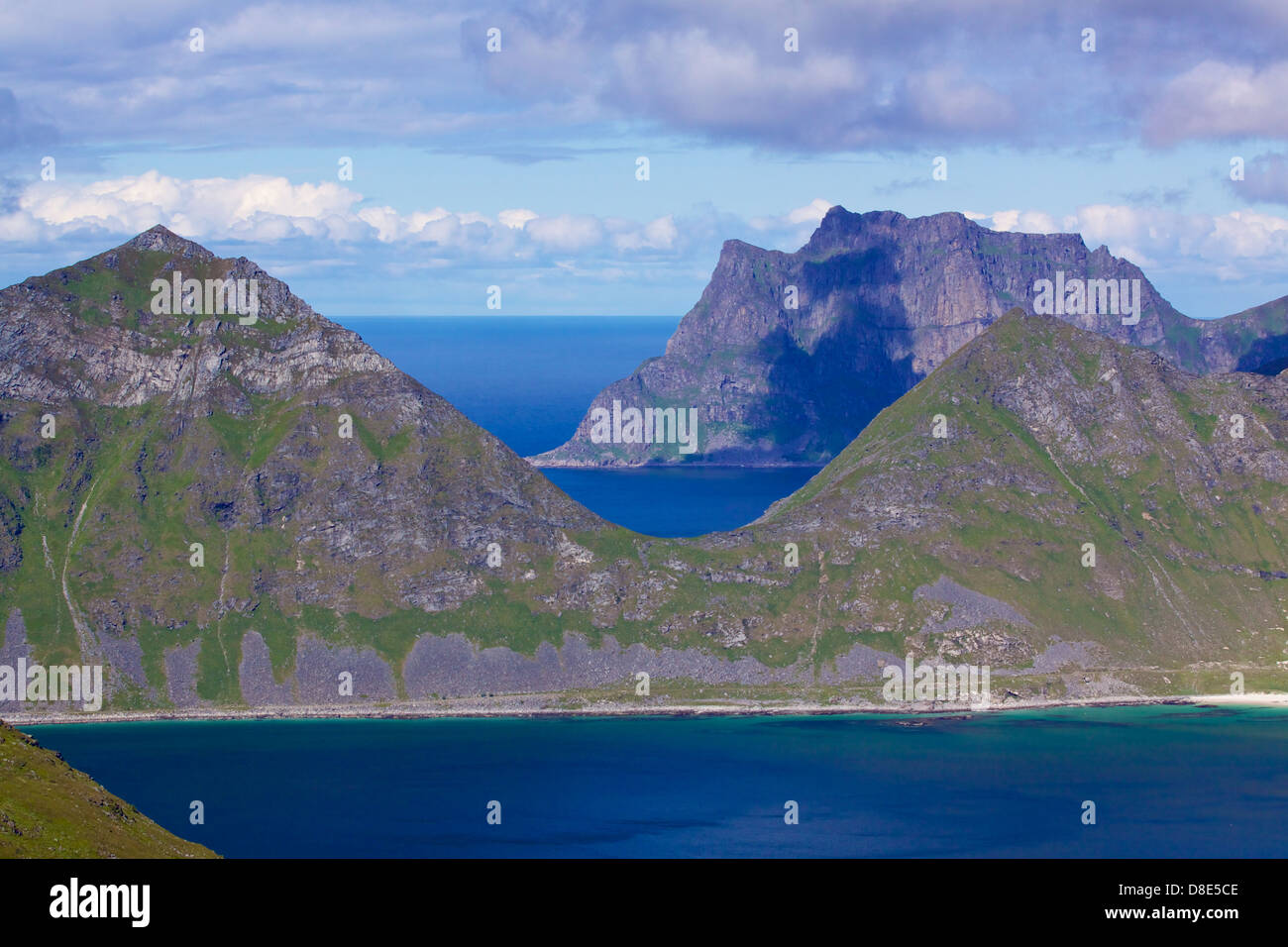 Scenic tall coastal cliffs on Lofoten islands in Norway during summer ...