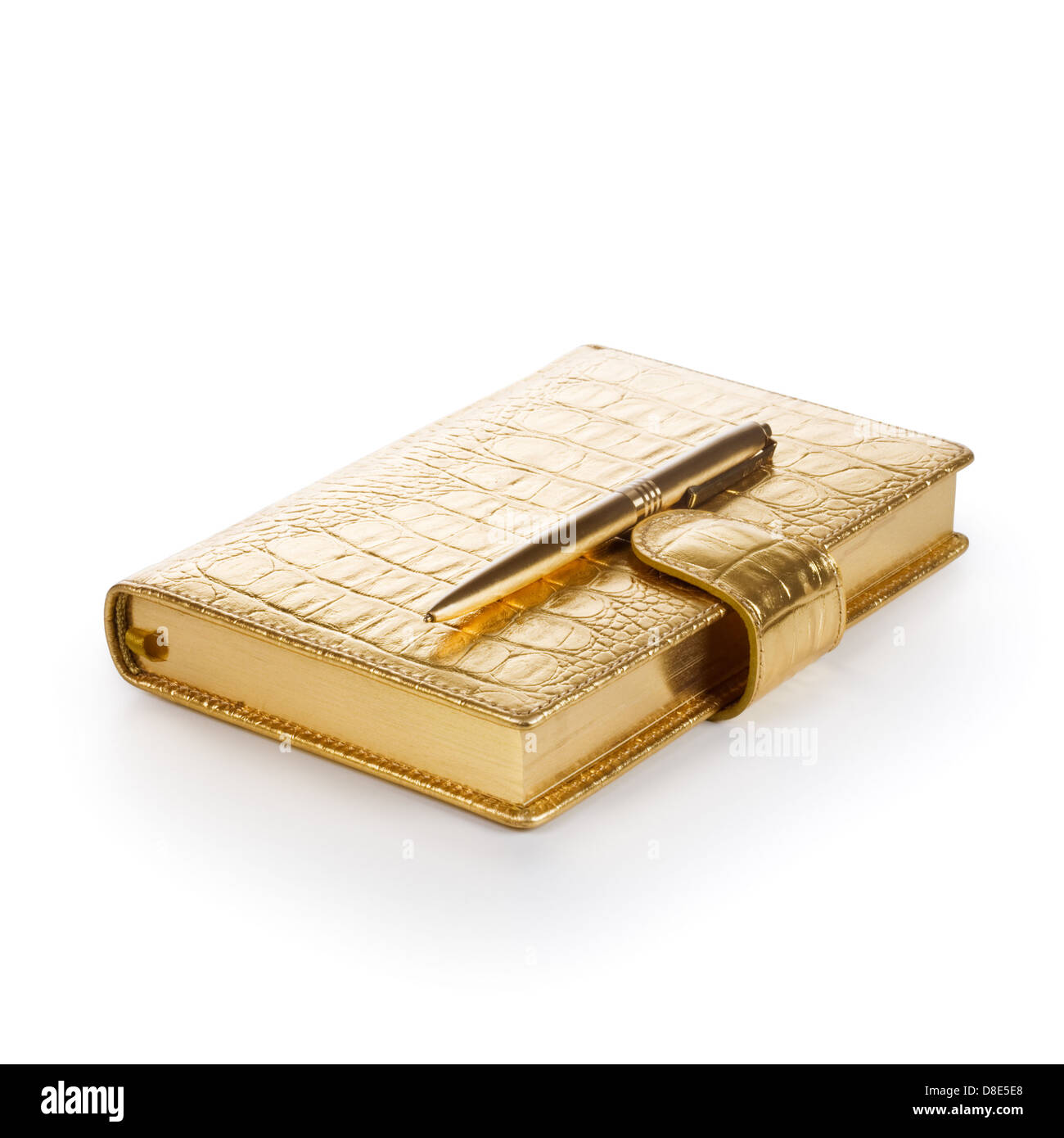 Luxury golden leather notebook with pen on white background Stock Photo ...