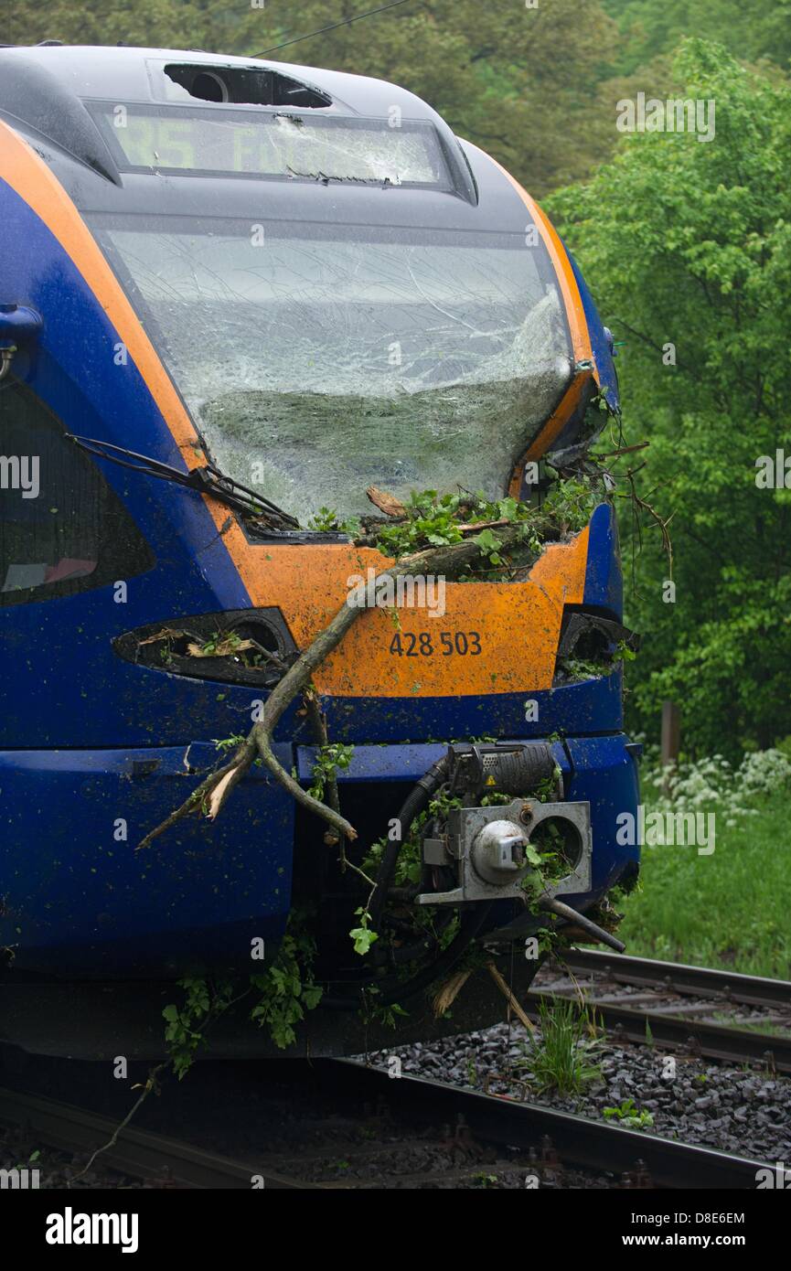 Damages of a regional train, which crashed into a tree lying on the ...