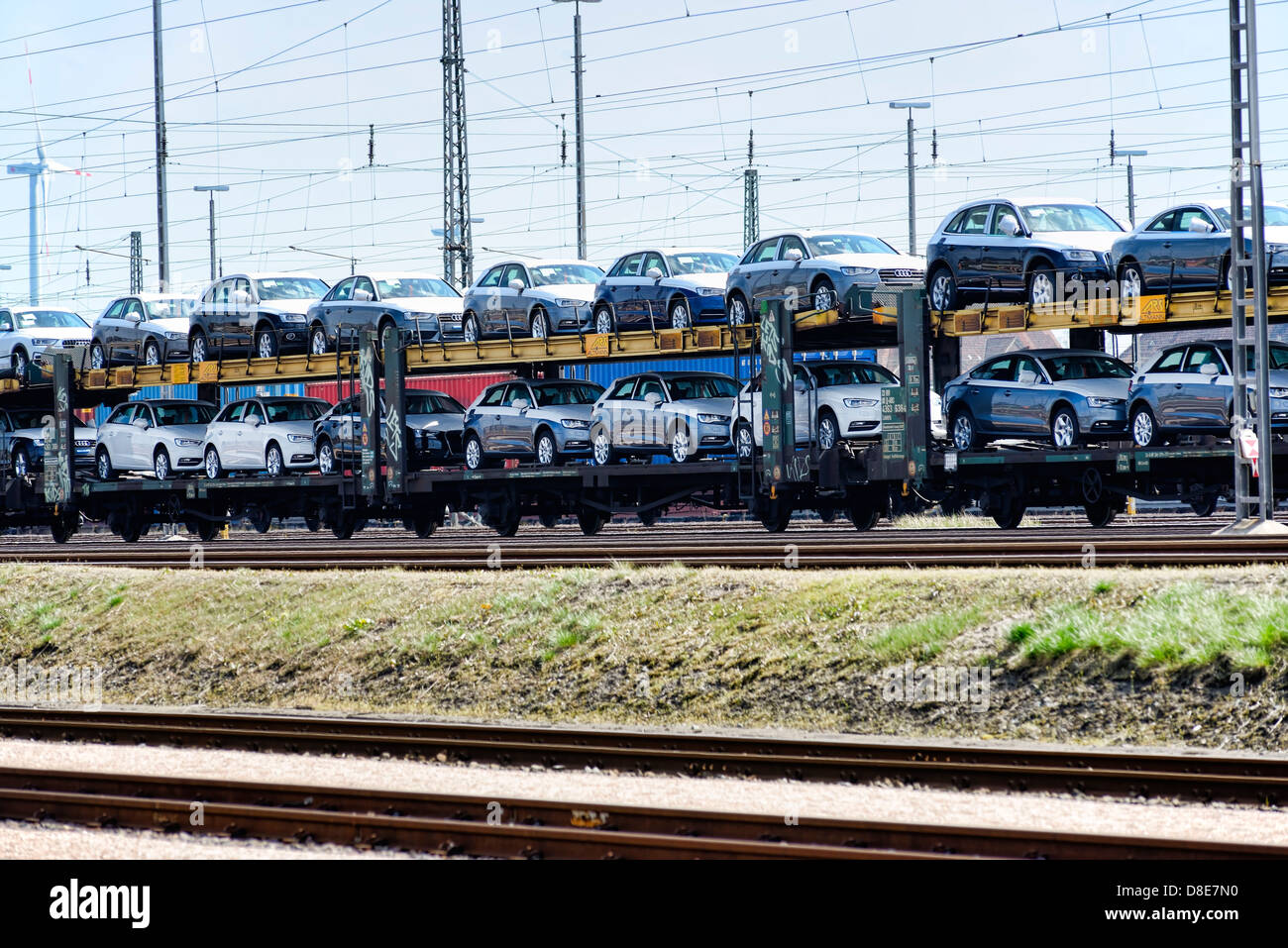 Freight train with brand new cars in Hamburg, Germany, Europe Stock ...