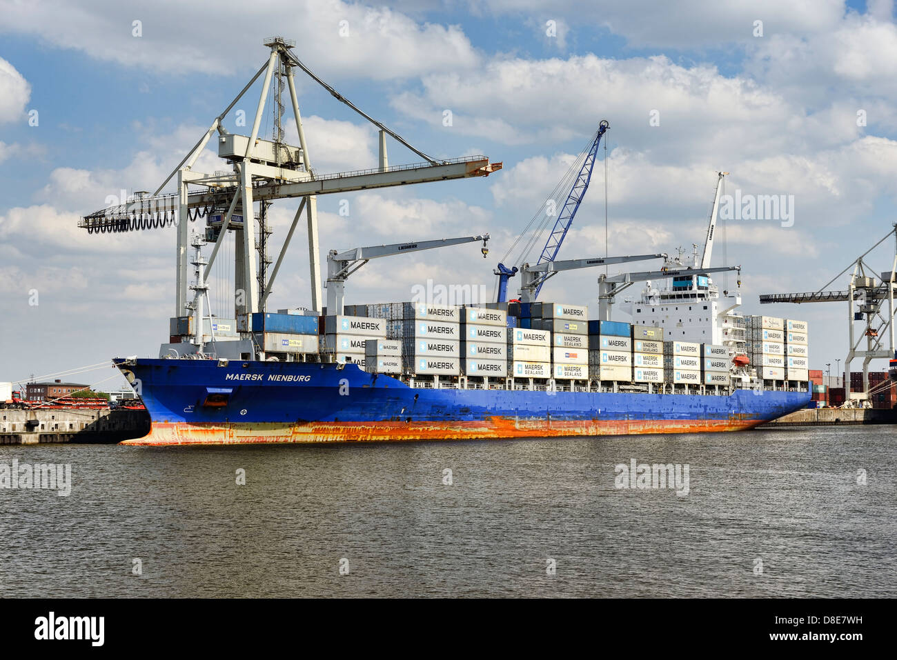 Container ship Maersk Nienburg at wharf in the harbor, Germany, Europe ...