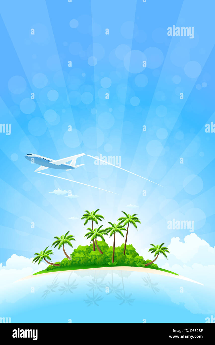 Tropical Island Background with Airplane and Clouds Stock Photo - Alamy